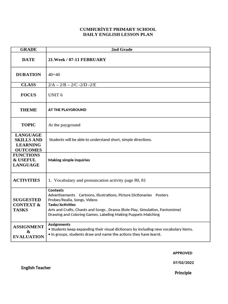 2nd Grade English Lesson Plan: Playground | PDF