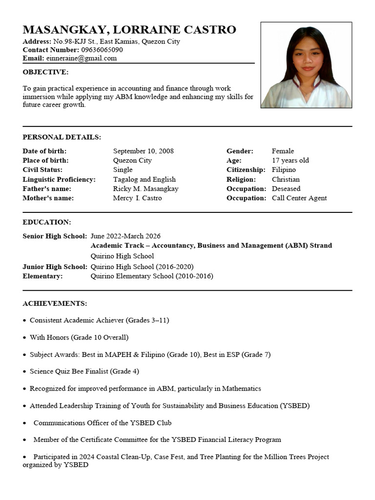 Resume Format for Work Immersion | PDF | Learning