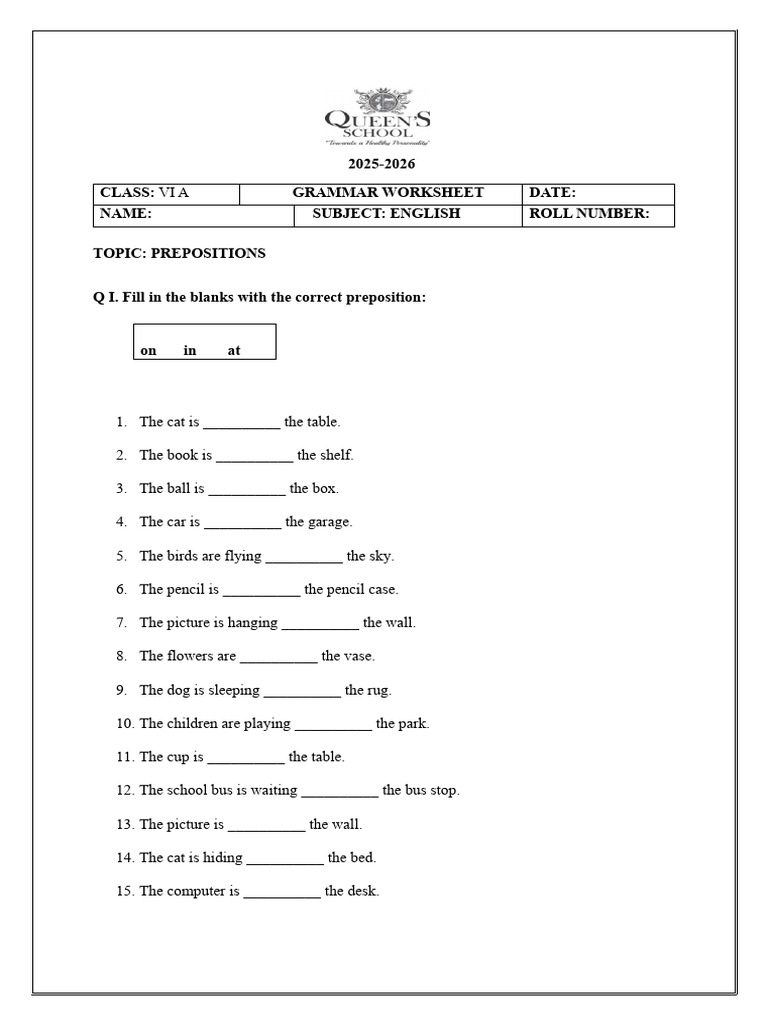 Worksheet on Preposition | PDF
