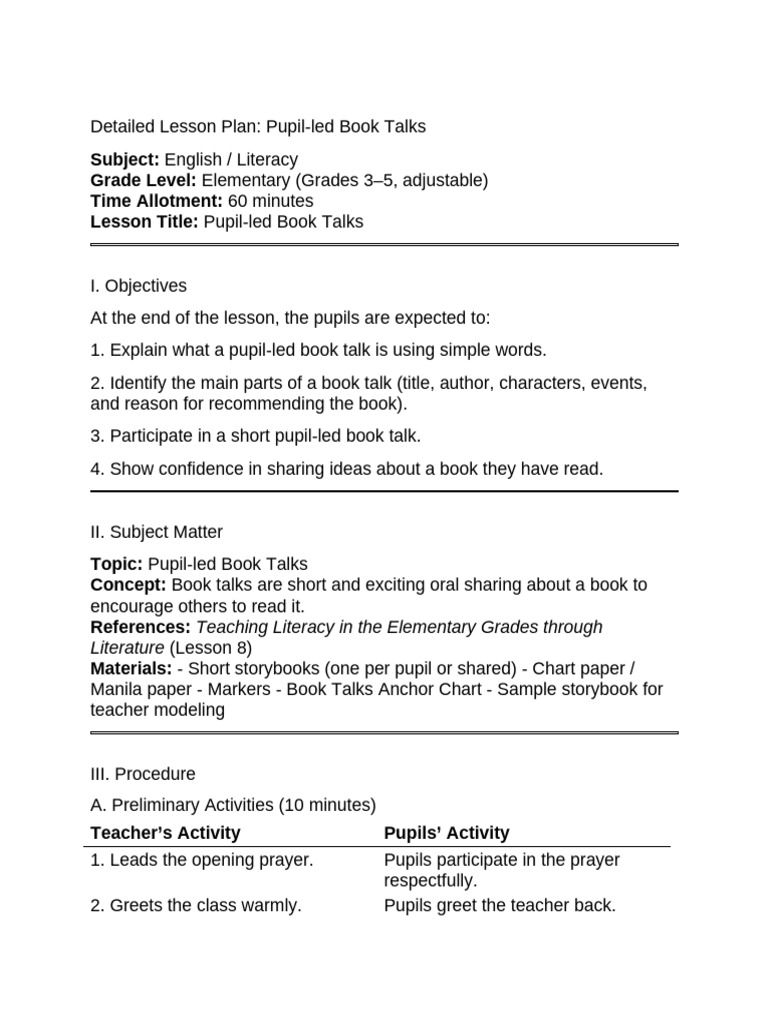 Pupil-led Book Talks Lesson Plan | PDF | Teachers | Learning