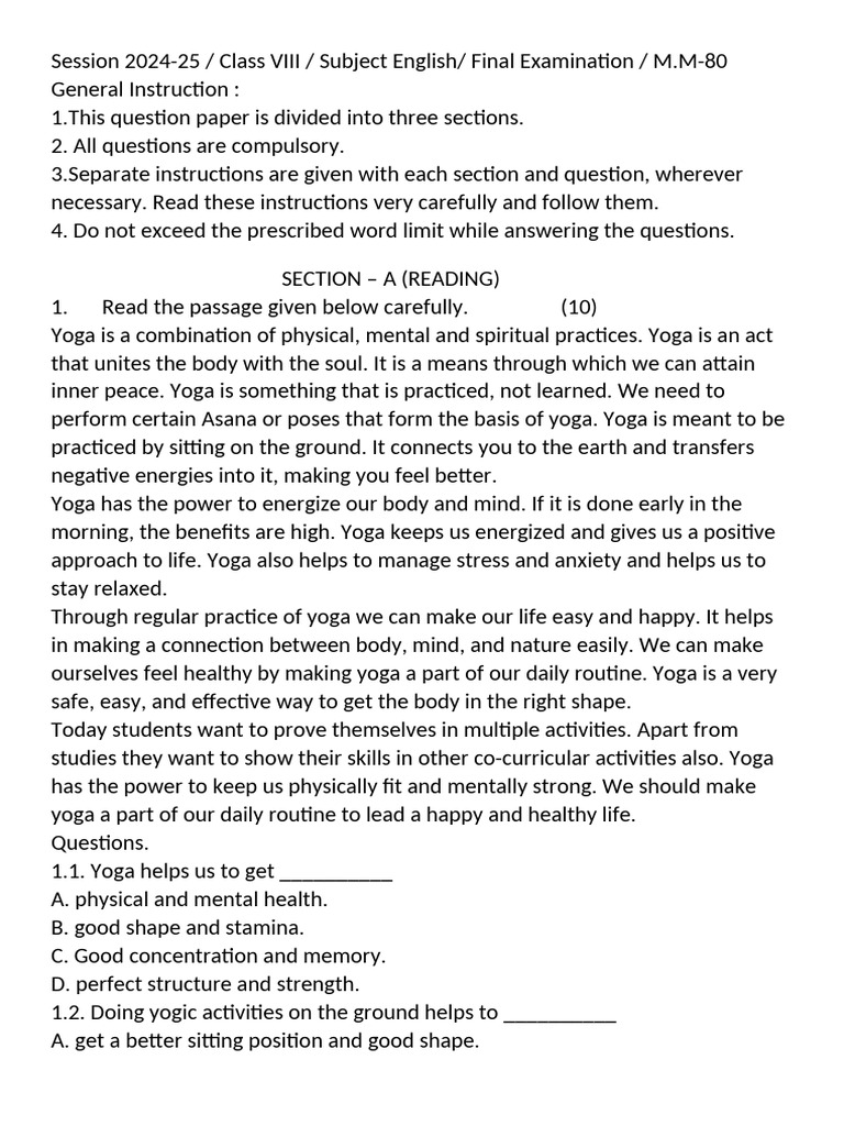 CLASS VII- ENGLISH - FINAL EXAM | PDF | Yoga | Verb