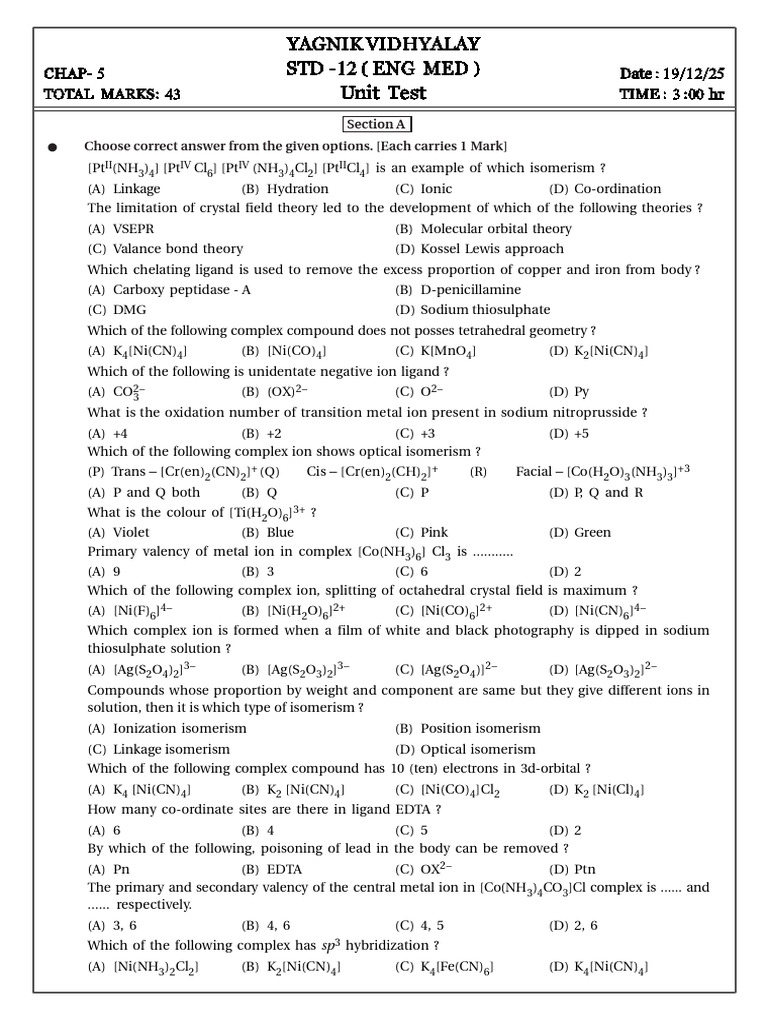 Chemistry Unit Test Questions for Std 12 | PDF | Coordination Complex ...
