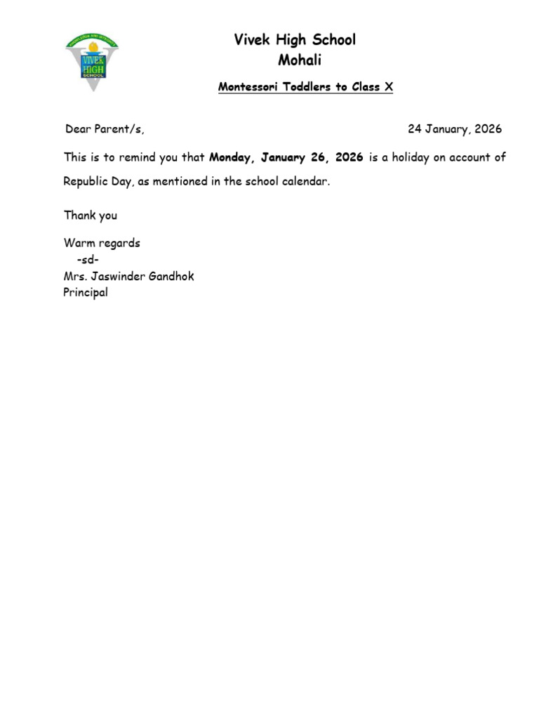 Circular 20260124151202 Reminder - Holiday For Republic Day | PDF