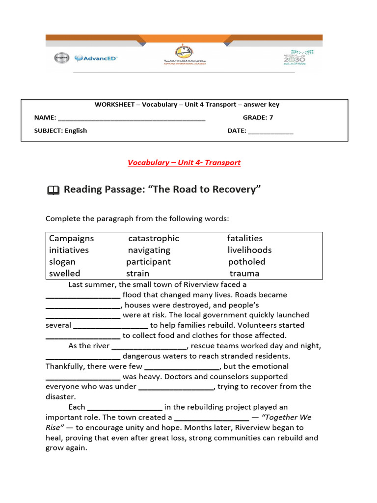 Vocabulary Unit 4 - Worksheet | PDF | Natural Disasters | Natural Hazards
