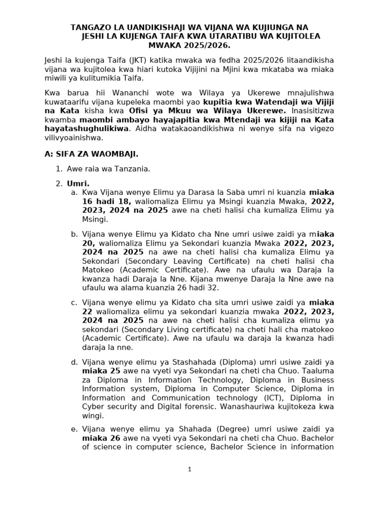 Tangazo La Kujiunga Na JKT 2026 | PDF