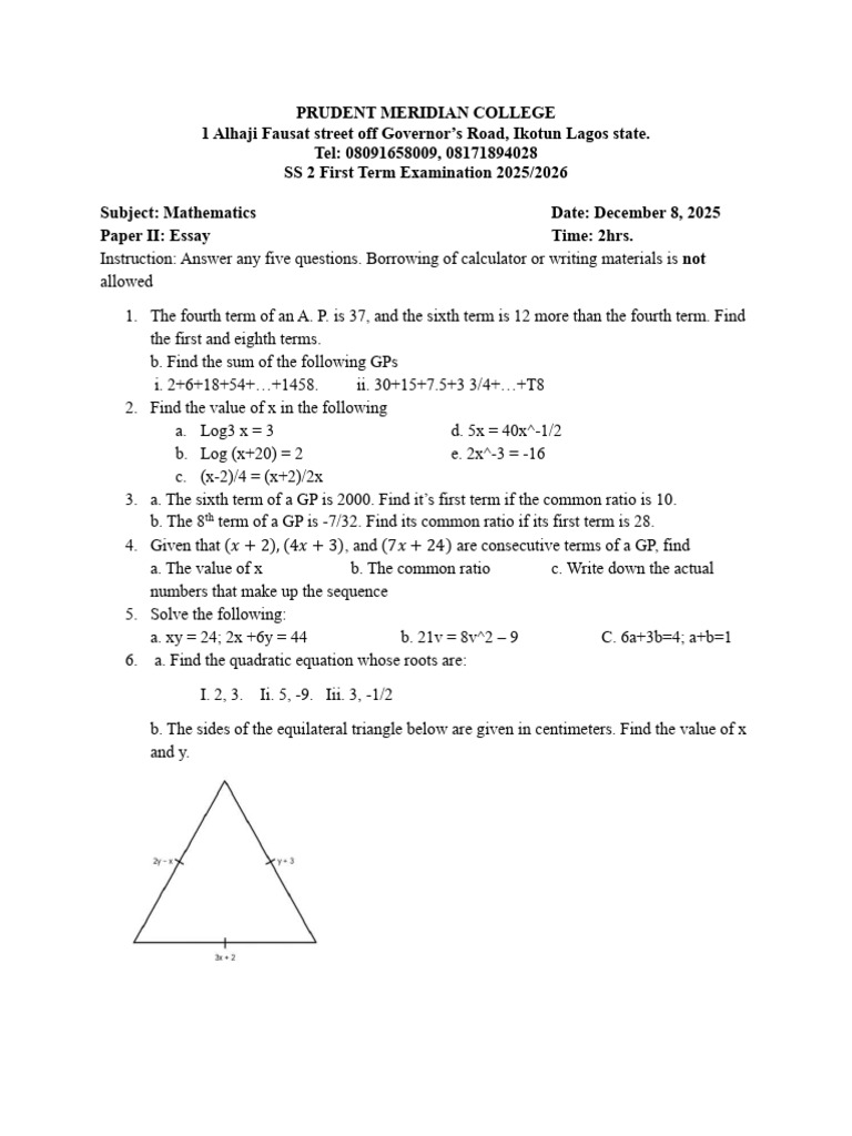 SS2 Mathematics Exam Paper 2025/2026 | PDF