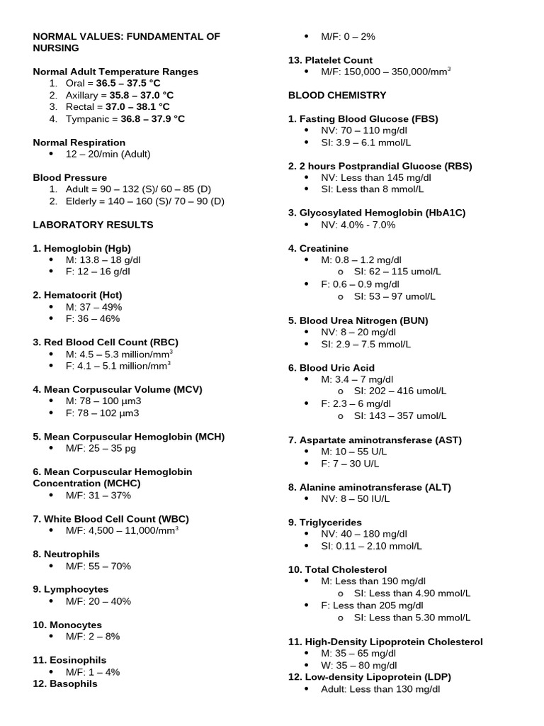 Nursing Normal Values and Ranges Guide | PDF