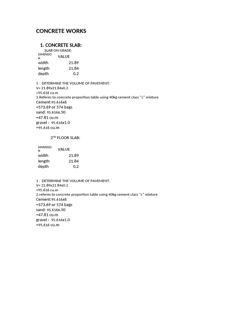 Concrete Works Volume and Material Calculations | PDF | Concrete | Masonry