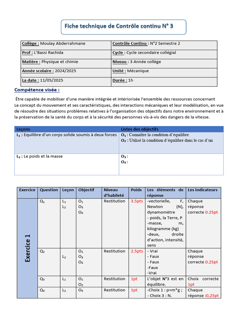 Contrôle continu en physique : mouvement et forces | PDF | Poids | Masse