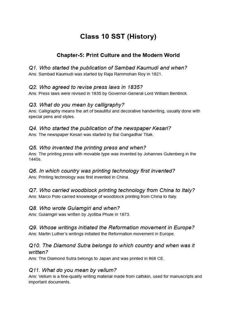 Class 10 SST (History) | PDF | Printing Press | Writing