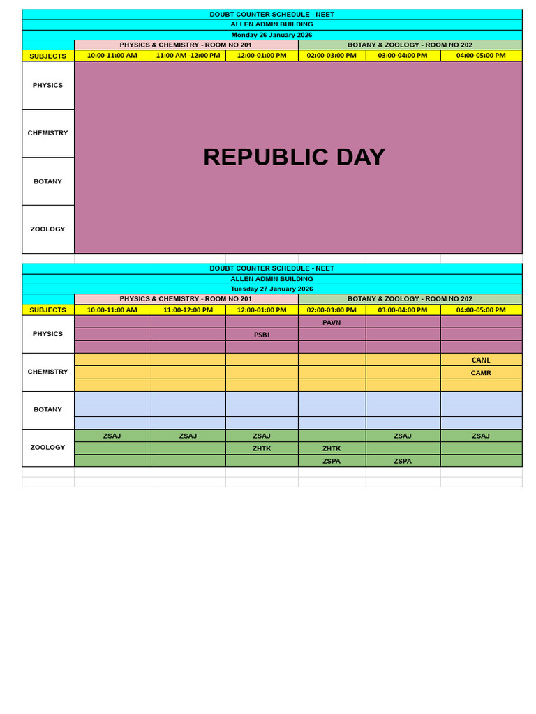 NEET Doubt Counter Schedule 2026 | PDF
