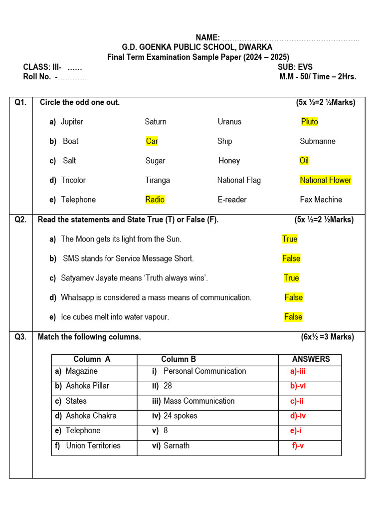 EVS Sample Paper for Class III 2024-2025 | PDF | Water | Stars