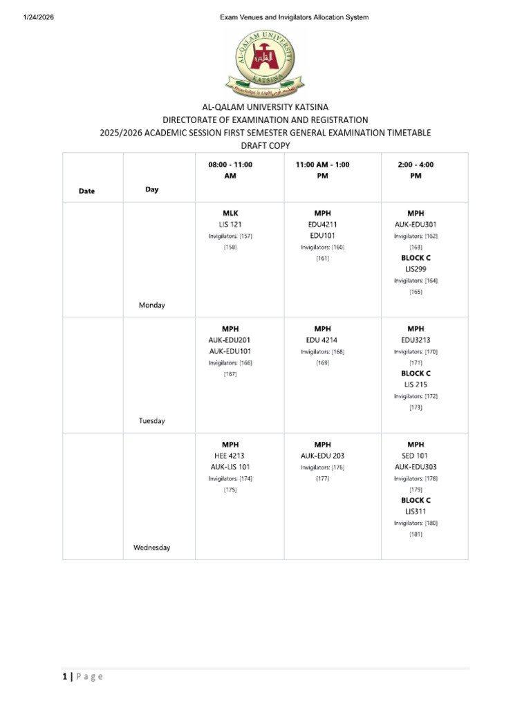 Al-Qalam University Exam Timetable 2025 | PDF