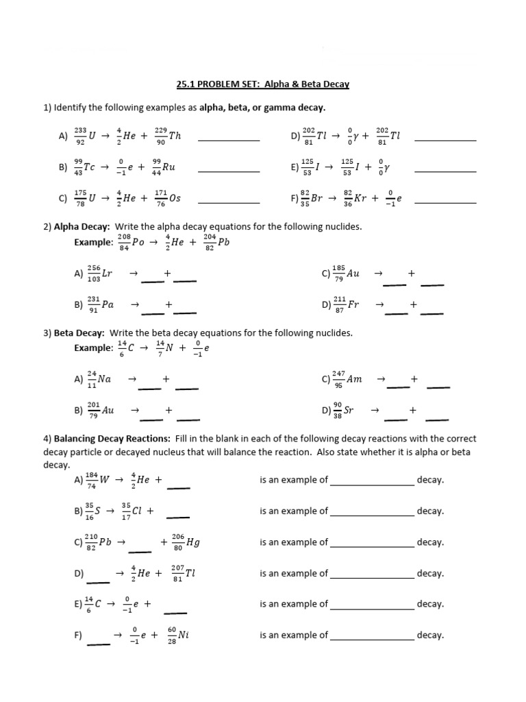 Alpha & Beta Decay Problem Set | PDF | Radioactive Decay | Chemical ...