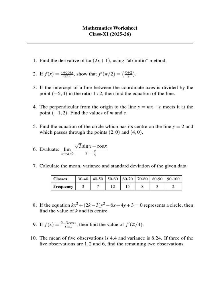 Class XI Mathematics Worksheet 2025-26 | PDF