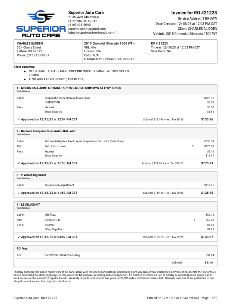 RO #21223 - CHARLES GLIDDEN's 2015 Chevrolet Silverado 1500 WT Invoice ...