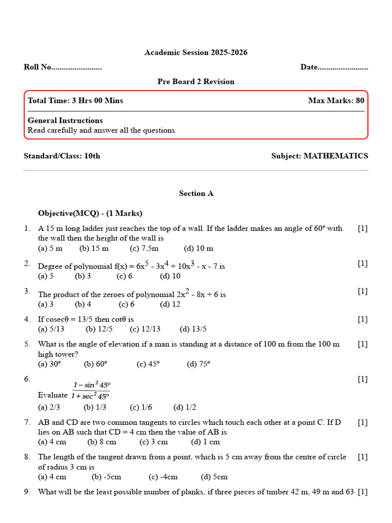Pre Board 2 Revision | PDF | Circle | Geometric Shapes
