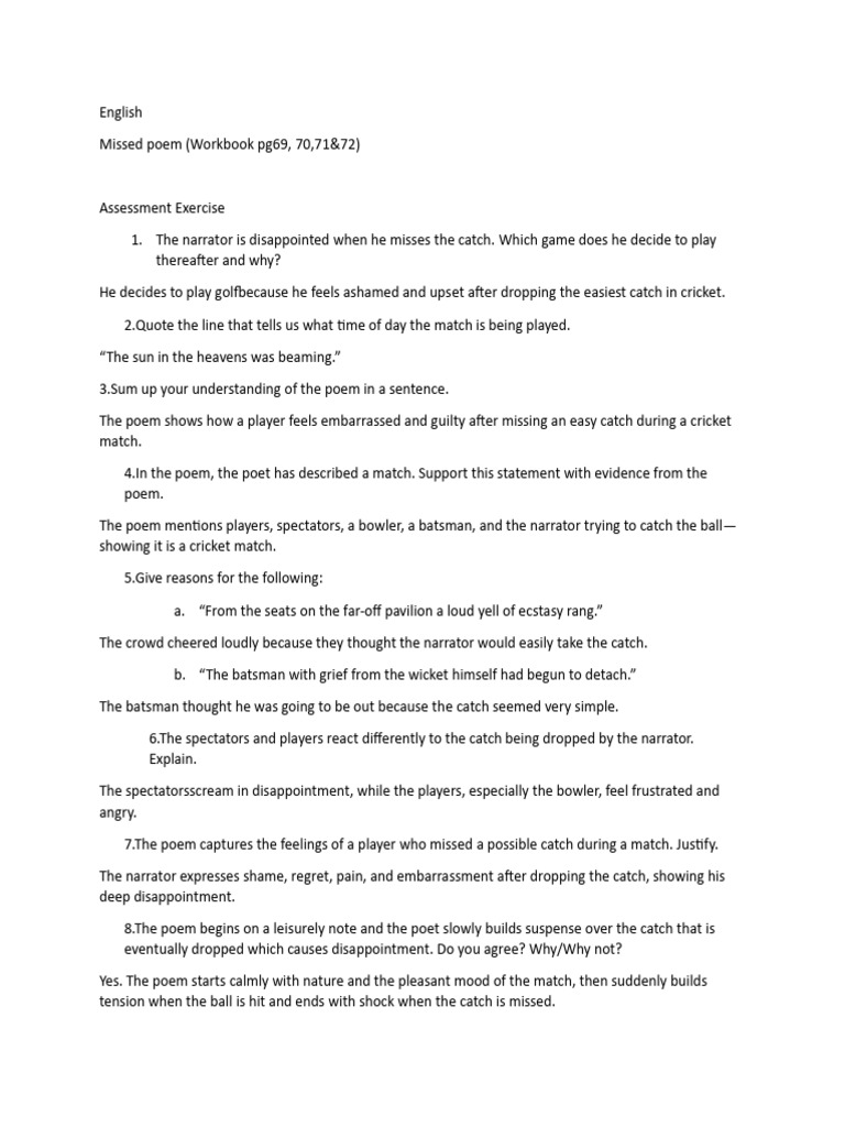 Cricket Poem Analysis: Missed Catch Emotions | PDF