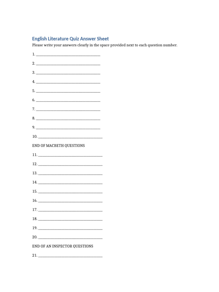 English Literature Quiz Answer Sheet | PDF
