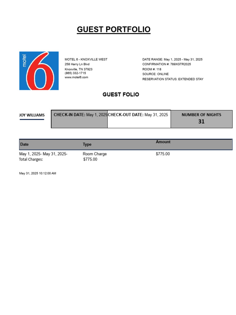 Guest Portfolio for Extended Stay at Motel 6 | PDF