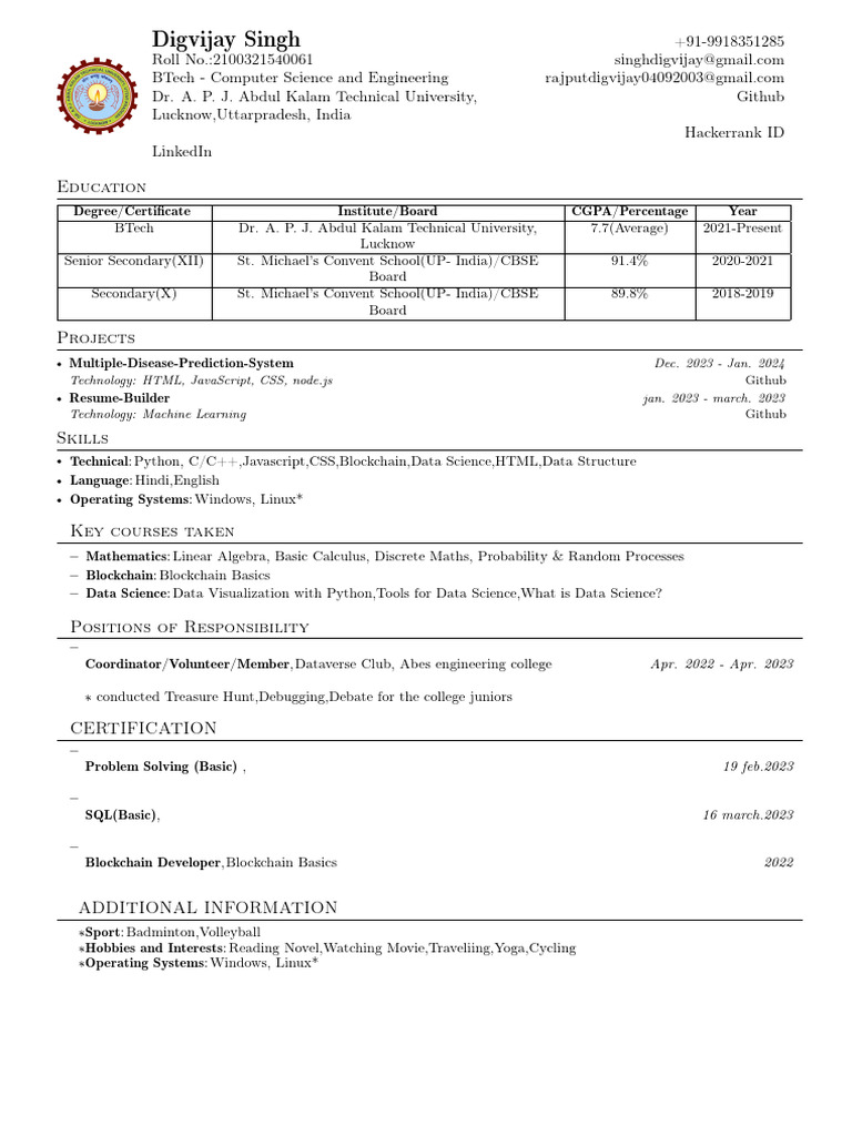 MBM_University_CV_Template__1_ (1) | PDF