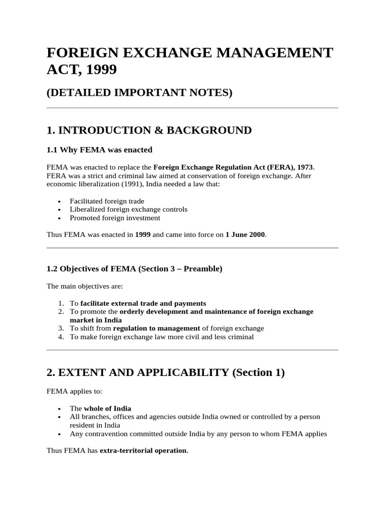 FEMA Act 1999: Key Notes & Overview | PDF