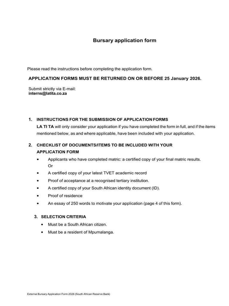 LA TI TA Bursary Application 2026 | PDF