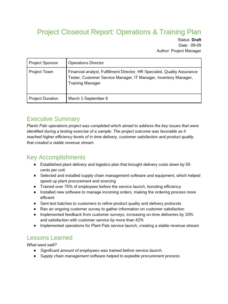 Plant Pals Project Closeout Report | PDF | Supply Chain Management ...