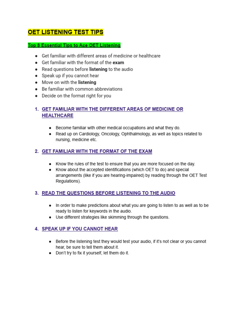 Oet Listening Test Tips-parts a, b and c | PDF | Conversation ...