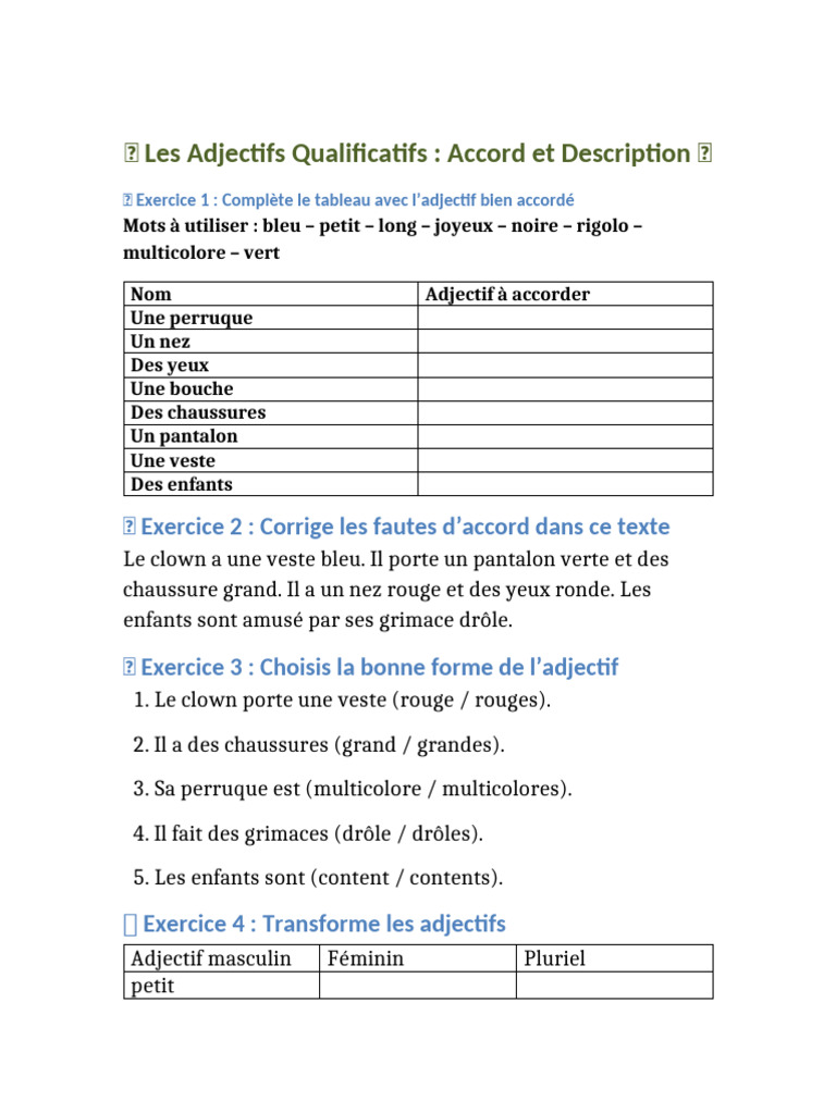 Adjectifs Qualificatifs : Exercices d'Accord | PDF