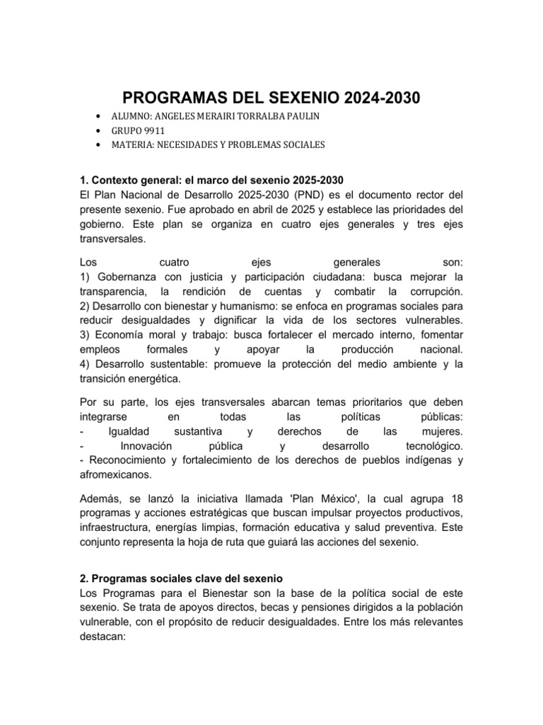 Programas Sexenio 2025 2030 Angeles Torralba | PDF | Sustentabilidad | Desarrollo sostenible