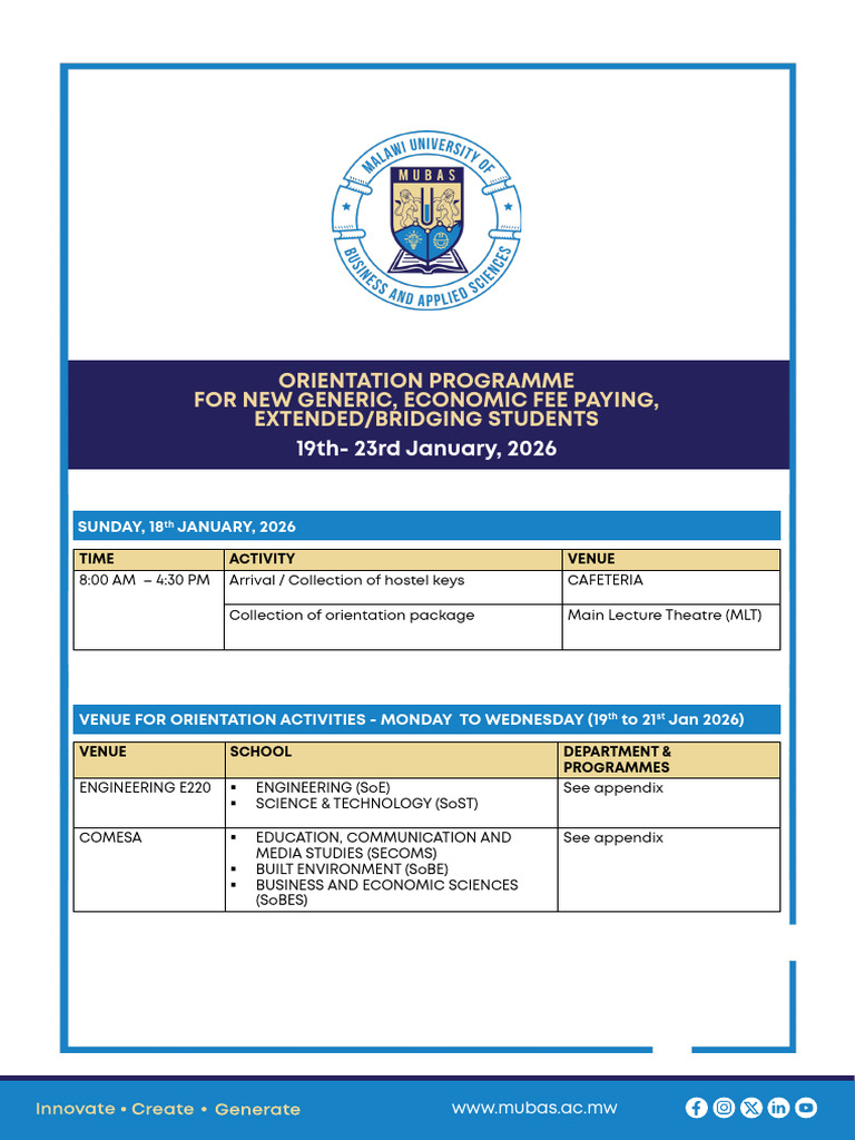 MUBAS 2026 New Student Orientation Schedule | PDF | Engineering