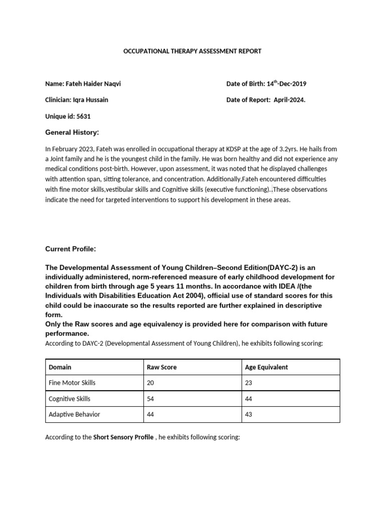 Occupational Therapy Assessment Report | PDF | Occupational Therapy ...