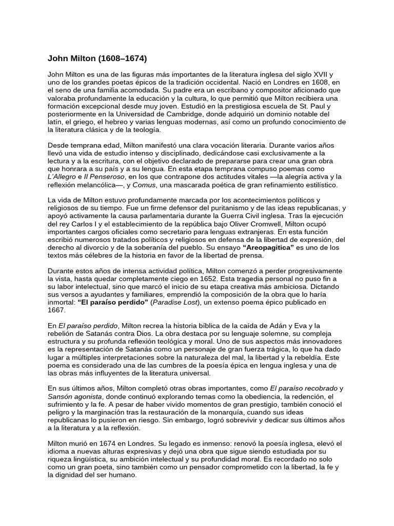 John Milton (1608–1674) | PDF | John Milton | paraíso perdido