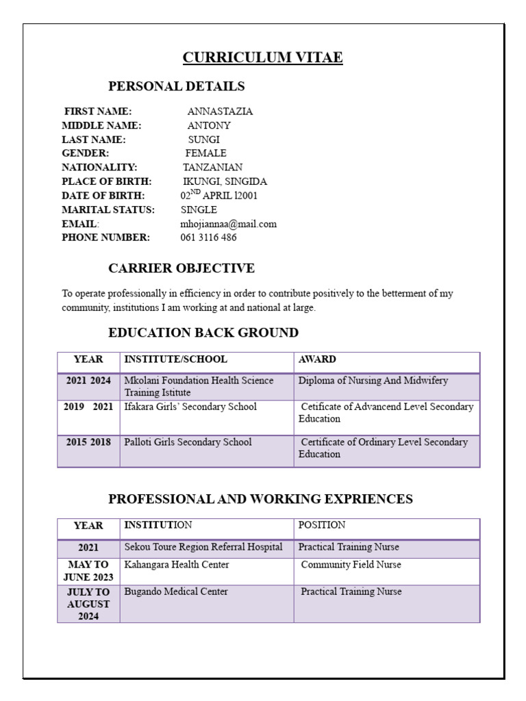 Tanzanian Nurse CV: Annastazia Sungi | PDF