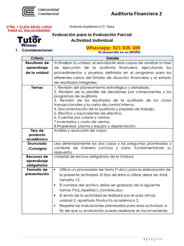 Tw-Auditoria Financiera Pa2 a Distancia Ep Tarea (Wsp + 51 921 835 389) | PDF | Auditoría ...