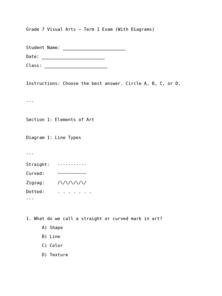 Grade 7 Visual Arts Exam Guide | PDF | Color | Yellow