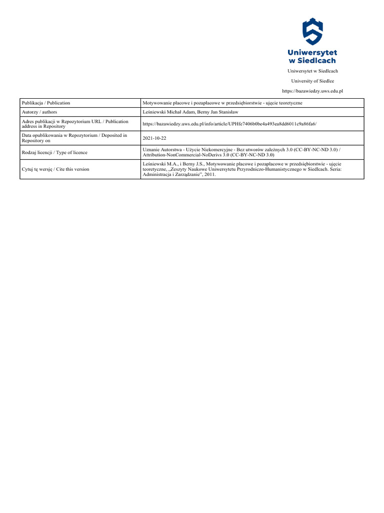 Lesniewski Berny Motywowanie Placowe I Pozaplacowe | PDF