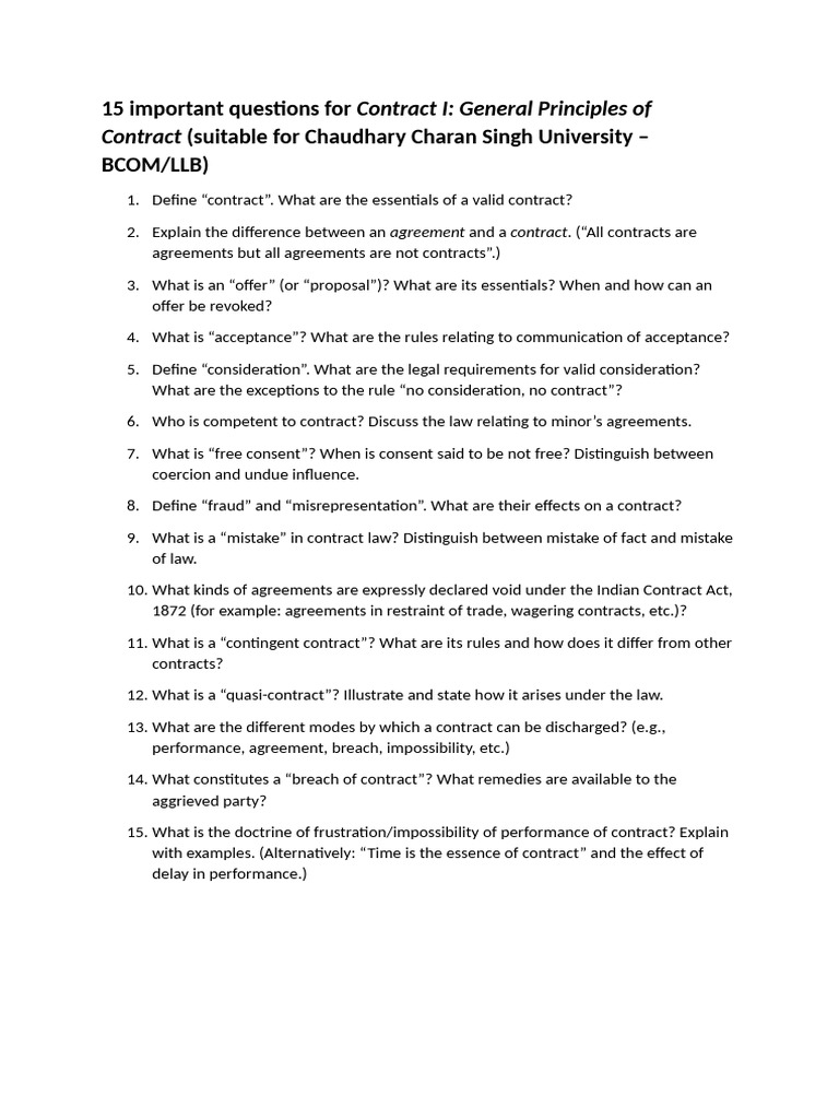 15 Important Questions for Contract I | PDF