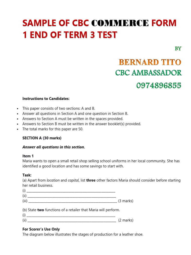 Sample of Cbc Commerce Form 1 End of Term 3 Test | PDF ...