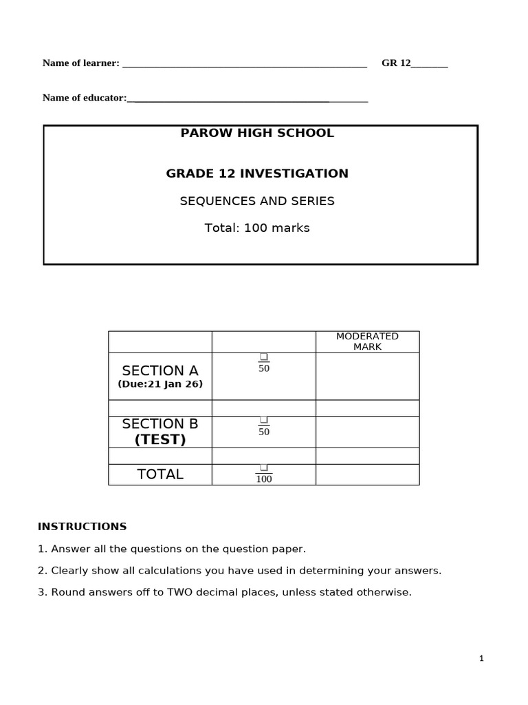 Grade 12 Sequences and Series Exam | PDF | Mathematical Objects ...