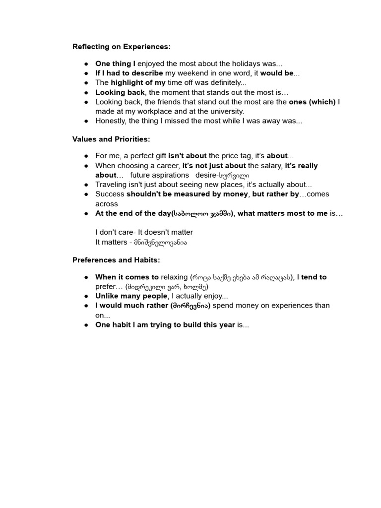 Reflecting on Values and Experiences | PDF