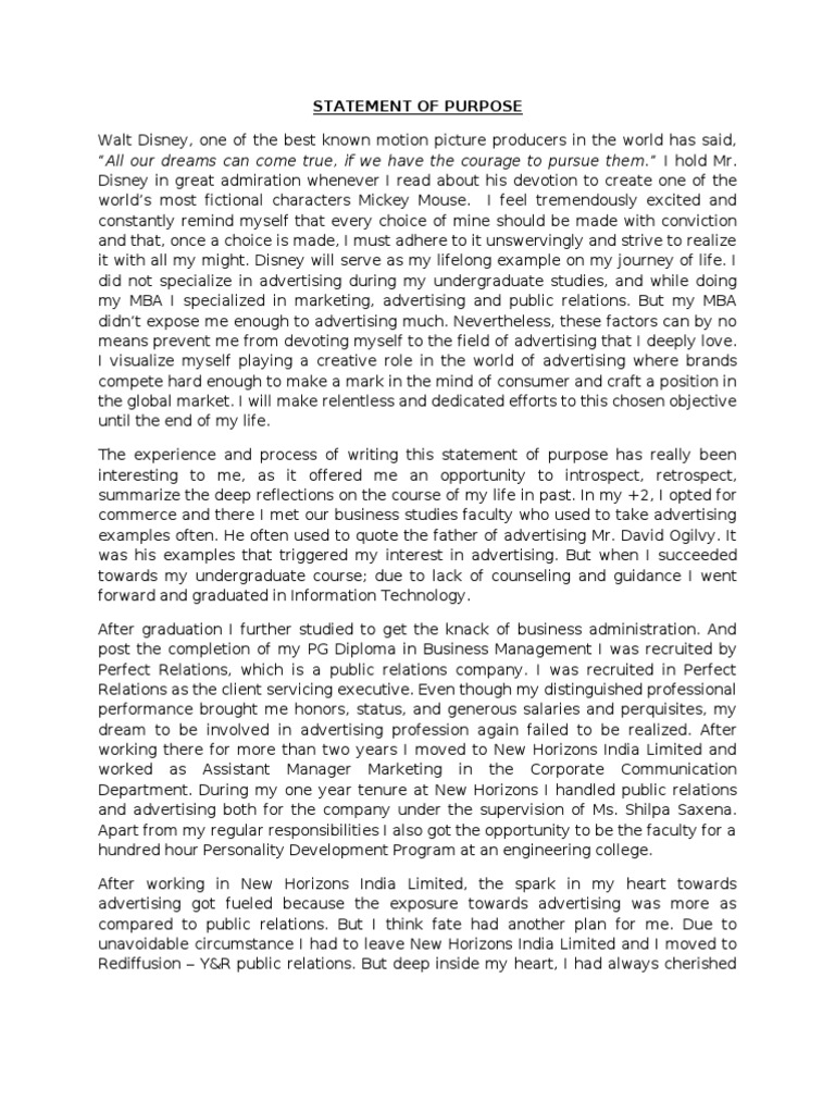 Statement of Purpose | PDF | Public Relations | Advertising