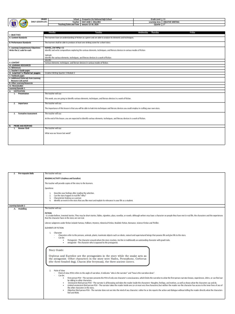 Creative Writing Lesson Plan for Grade 11 | PDF | Narration | Plot ...