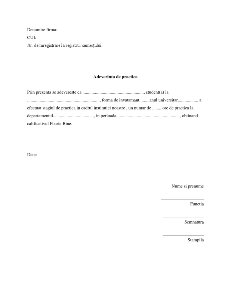 Exemplu de adeverinta de practica
