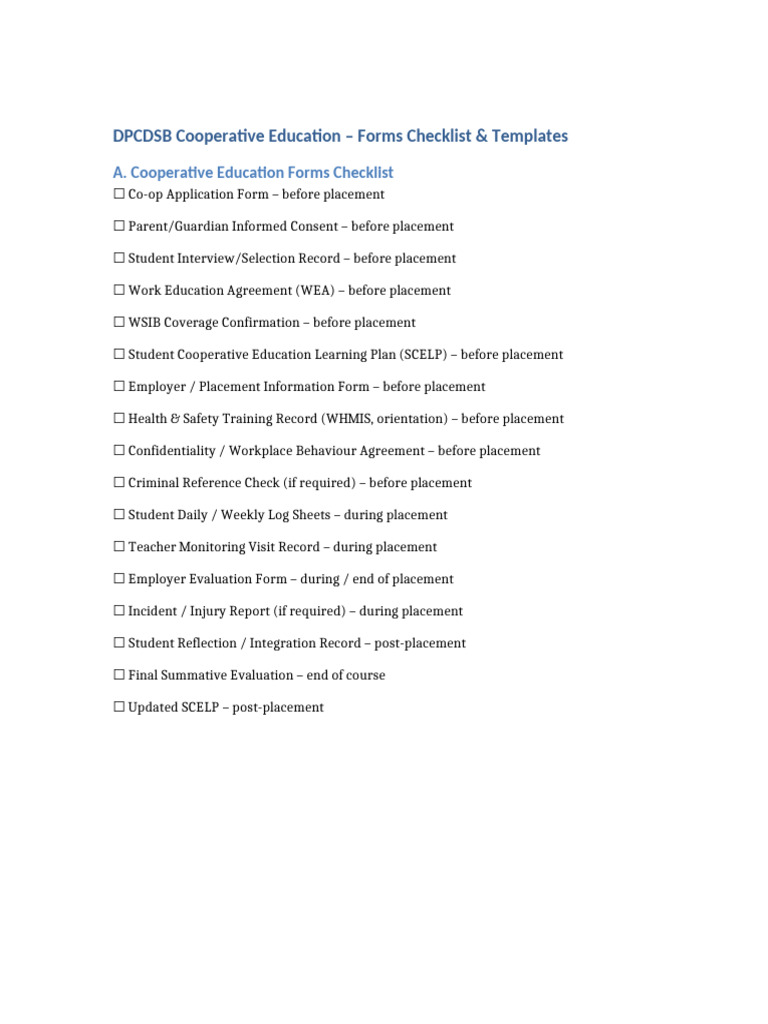 DPCDSB Co-op Education Forms Guide | PDF