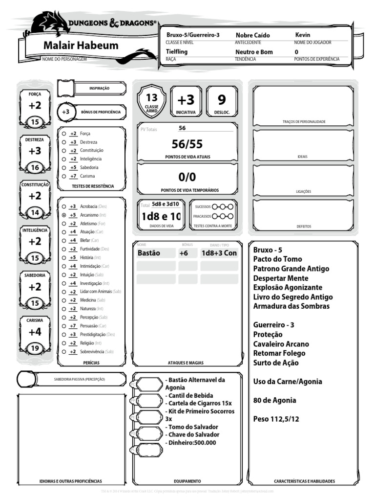 Ficha de Personagem D&D: Malair Habeum | PDF | Espiritualidade ...