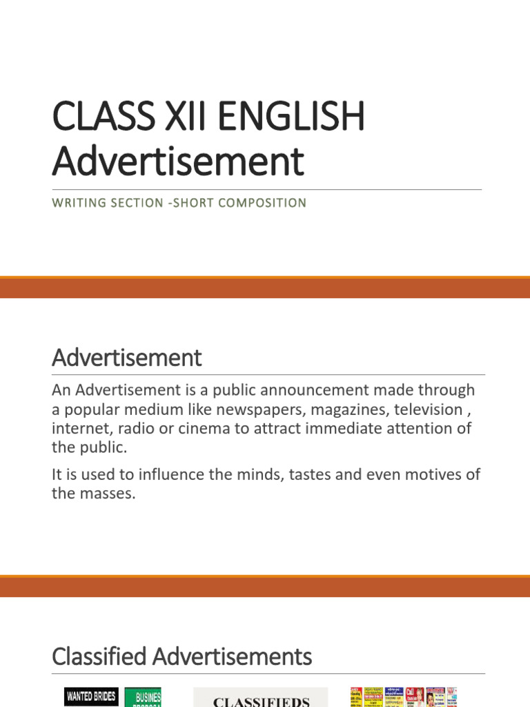 Class XII English: Advertisement Writing Guide | PDF | Advertising ...