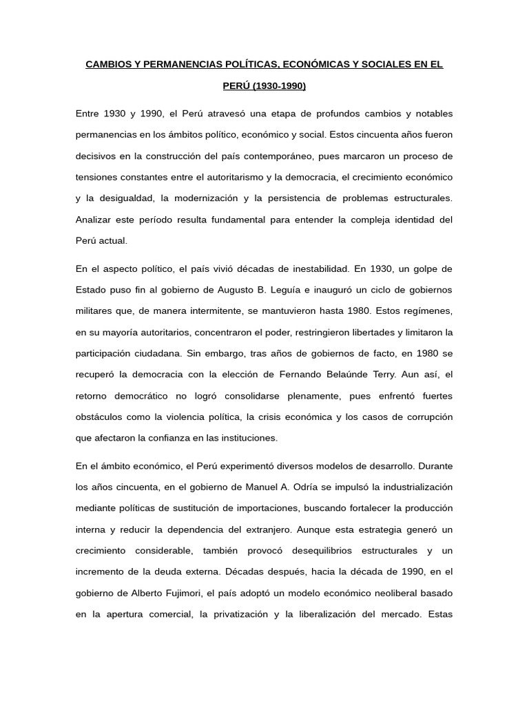 Cambios políticos y sociales en Perú (1930-1990) | PDF | Perú ...