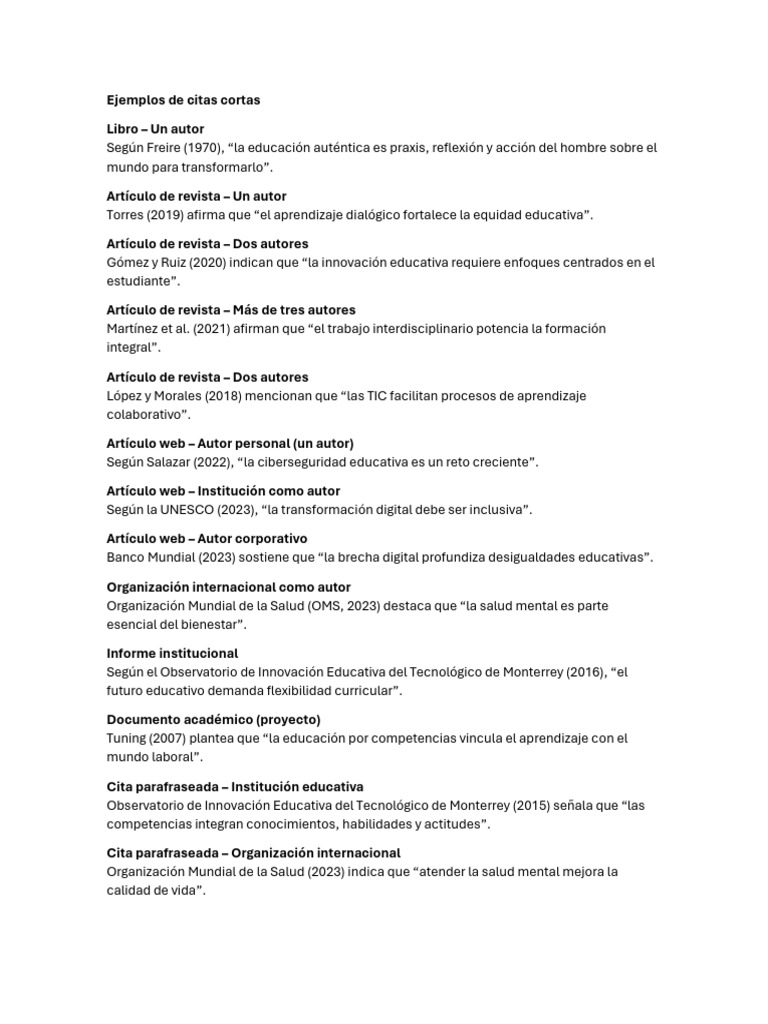 Ejemplos de Citas Cortas | PDF | Aprendizaje